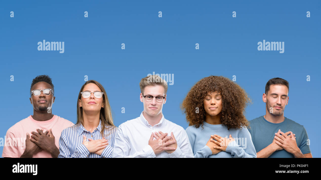 Composition of group of friends over blue blackground smiling with ...