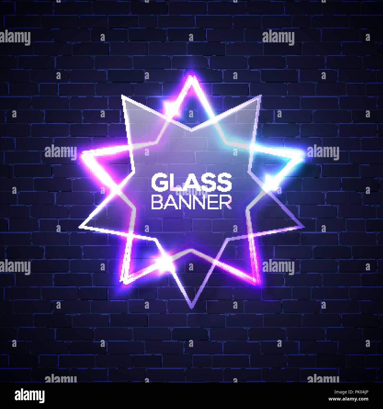 Glowing stars design. Outdoor sign on brick texture background. Night ...