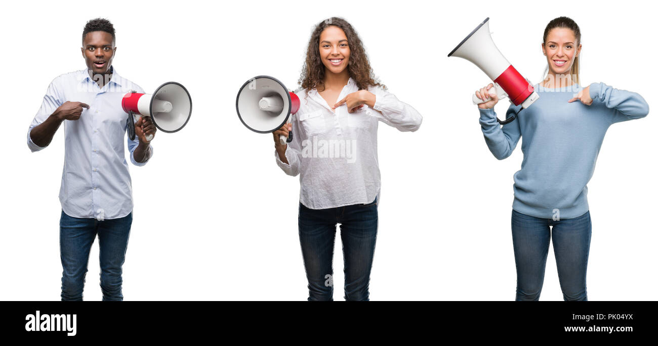 Collage of young people yelling through megaphone over isolated ...