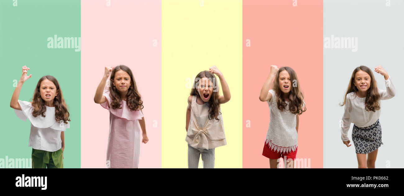Collage of brunette hispanic girl wearing different outfits angry and ...