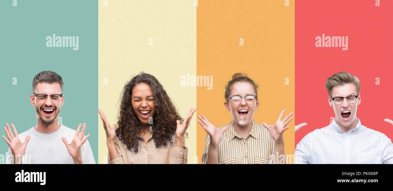 Collage of a group of people isolated over colorful background ...