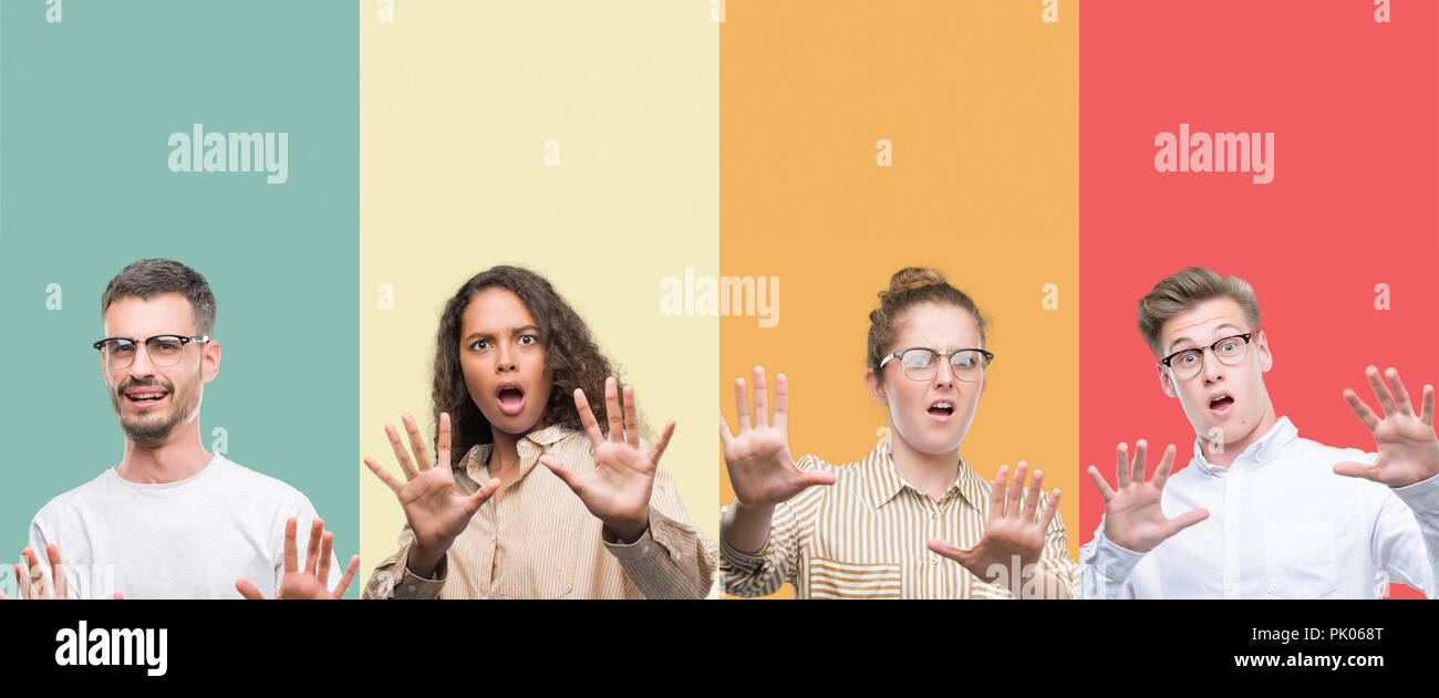 Collage of a group of people isolated over colorful background afraid ...