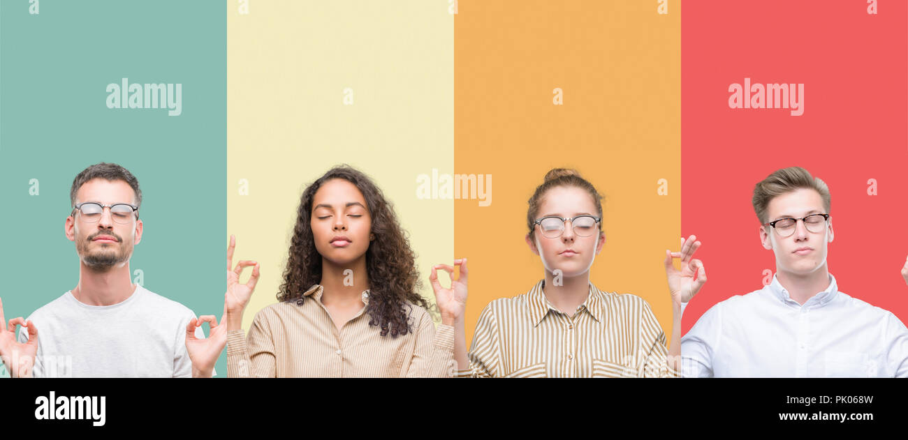Collage of a group of people isolated over colorful background relax ...