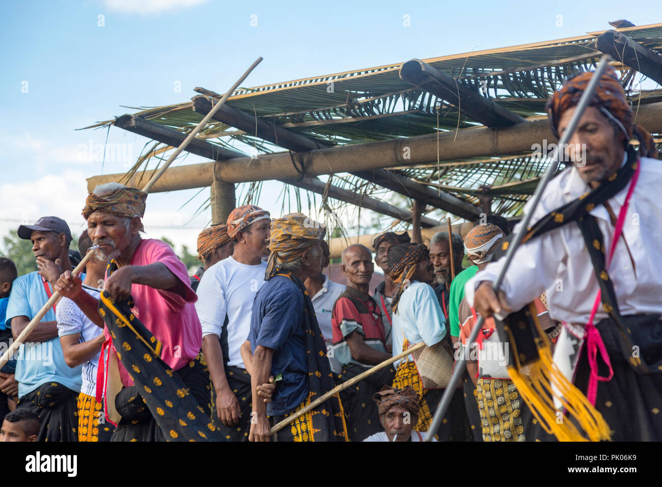 BAJAWA, INDONESIA - MAY 19: Unidentified men perform traditional dance ...