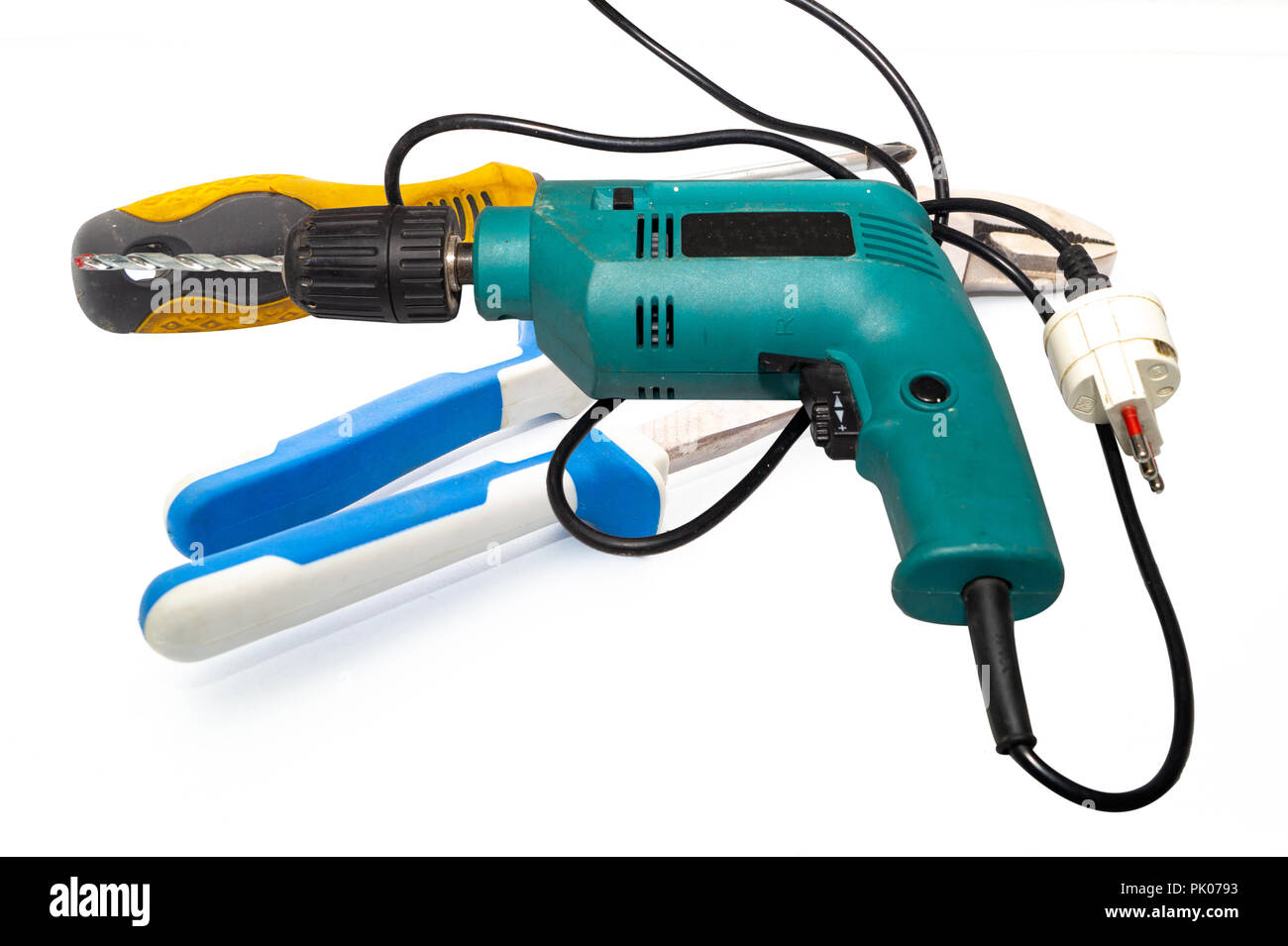 drill and work tools isolated on white background Stock Photo - Alamy