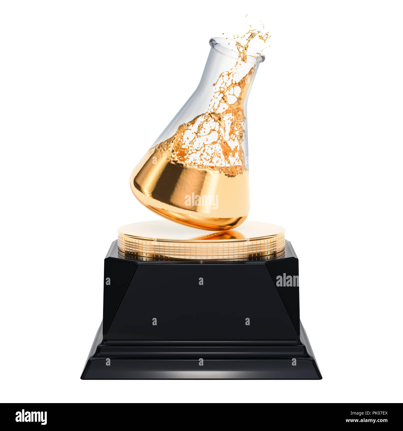 Golden chemical flask award concept. 3D rendering isolated on white ...