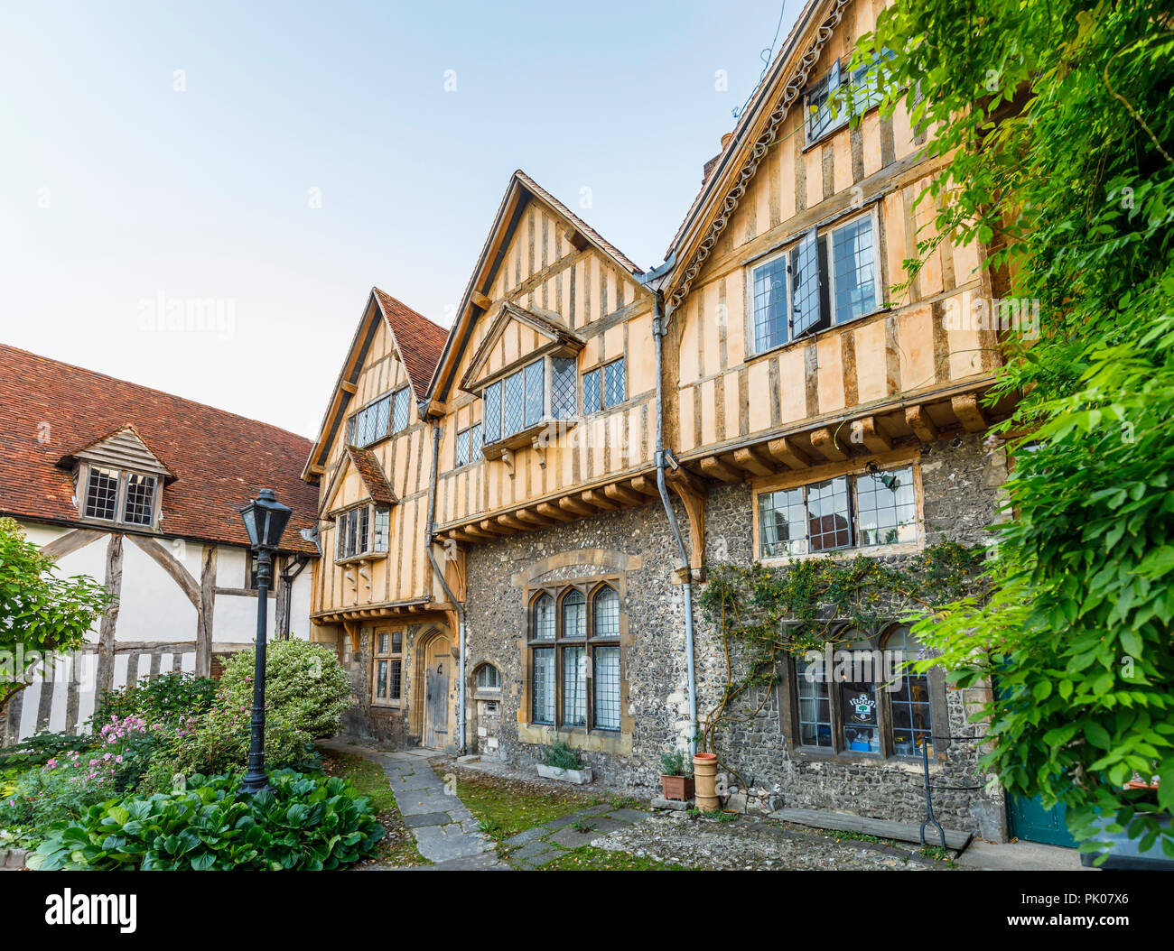 Historic timbered houses in Dome Alley, Cathedral Close, Winchester ...