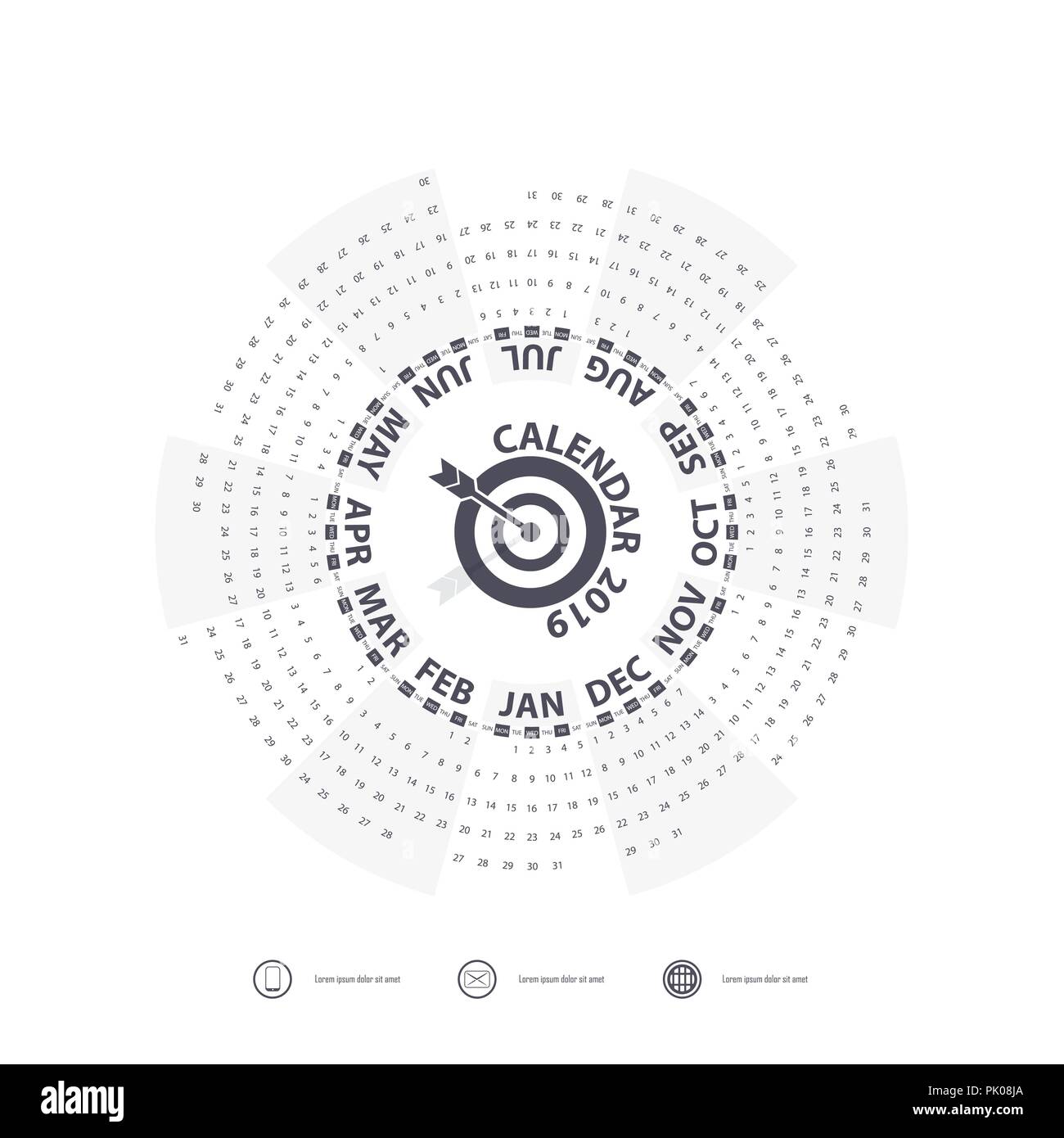 2019 Calendar Template.Circle calendar template.Calendar 2019 Set of 12 ...