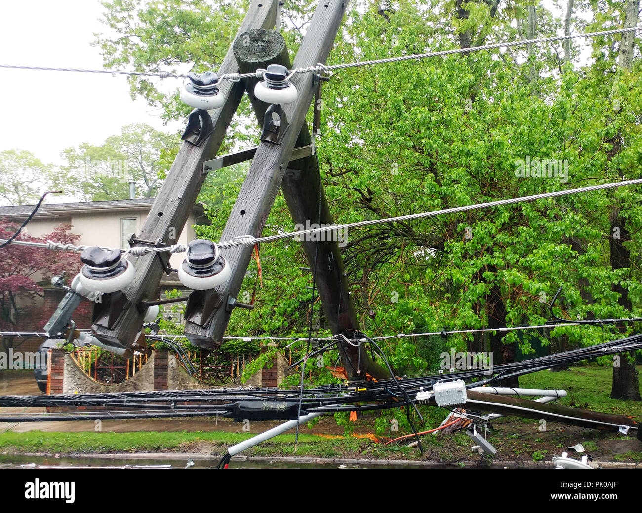 Storm damaged electric pole power lines over a road after Hurricanepoles falling tilt. damaged ...