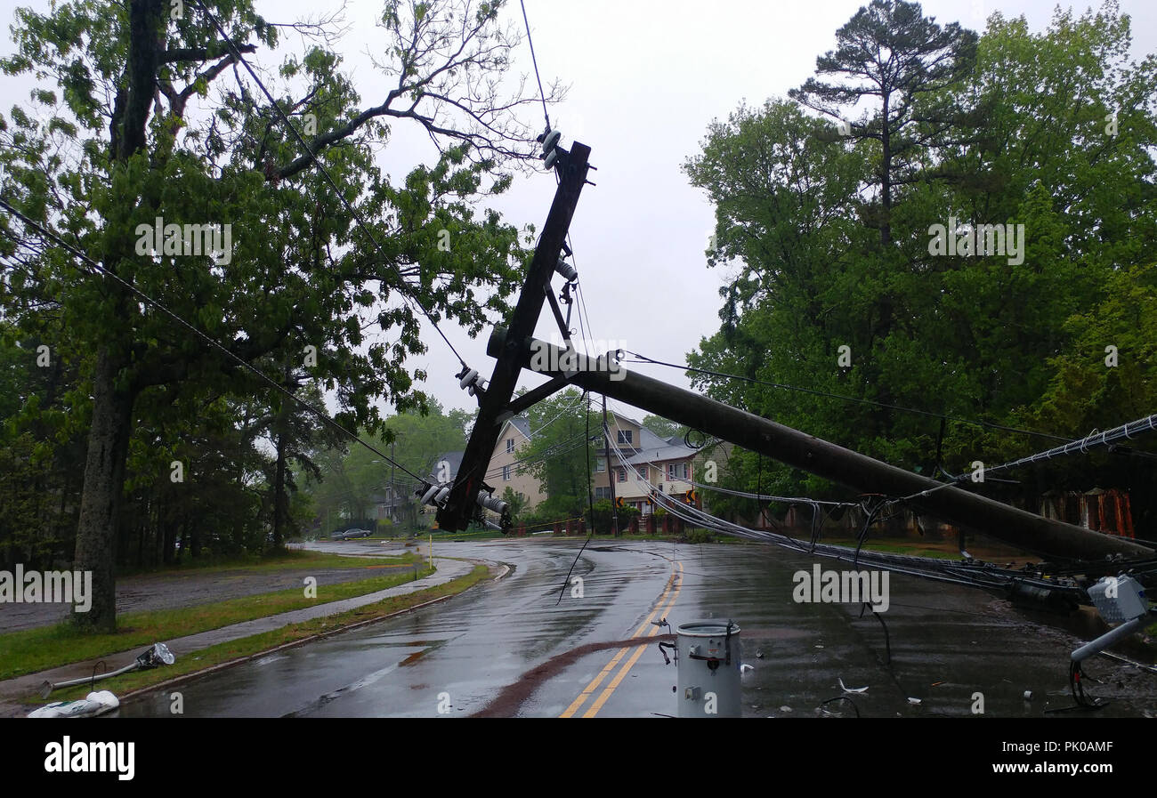 Storm damaged electric transformer on a pole and a tree damaged Stock ...