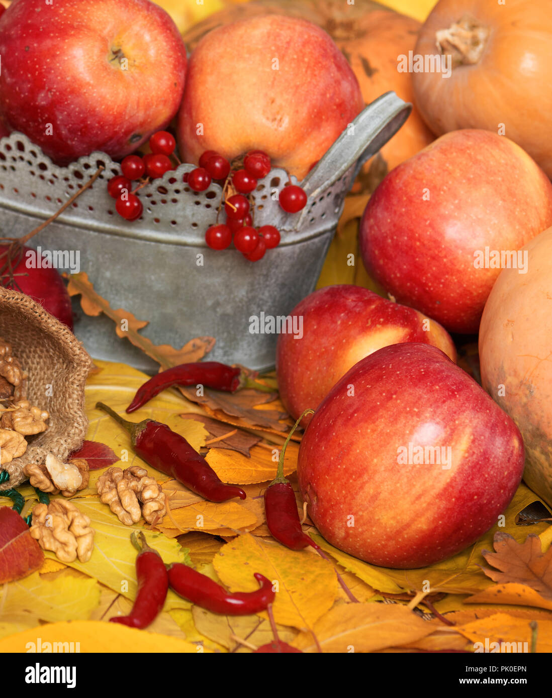 autumn harvest - fruits and vegetables are on fallen yellow leaves ...