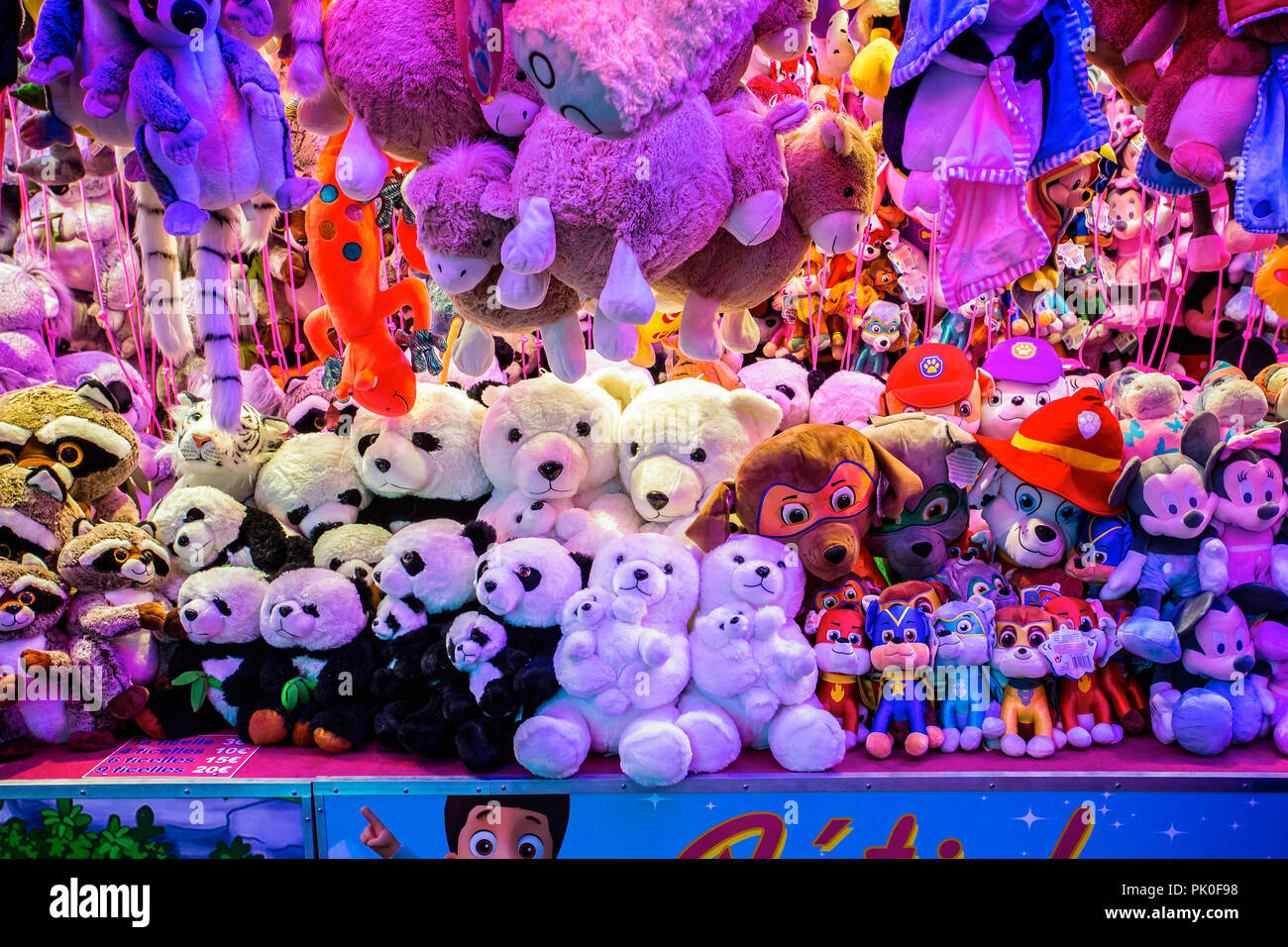A collection of cuddly toy prizes at a funfair in Arras, France taken ...