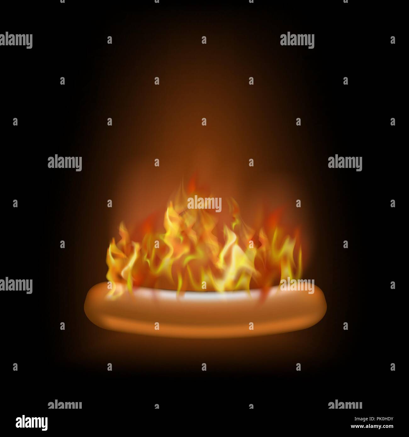 Realistic Burning Grill Sausage and Red Fire. Street Fast Food Stock ...