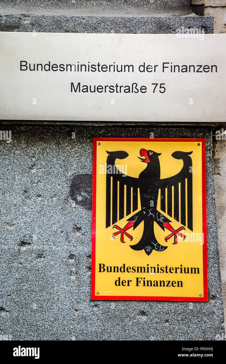 The German Ministry of Finance logo outside the building in Berlin ...