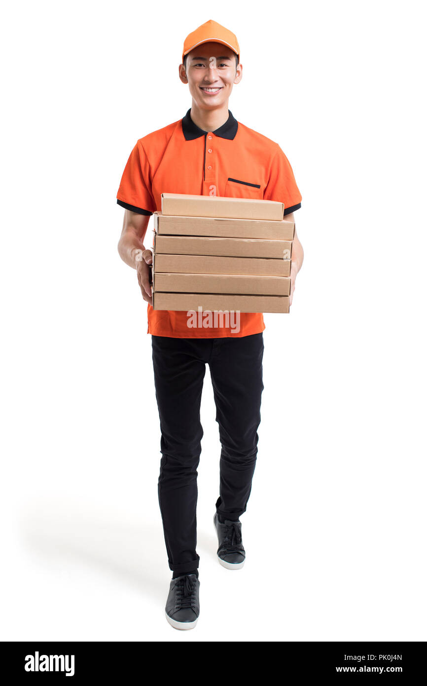 Cheerful pizza delivery person Stock Photo - Alamy