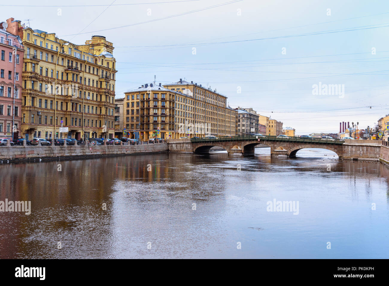 Embankment of Fontanka River and Izmailovsky Bridge in winter. Saint ...