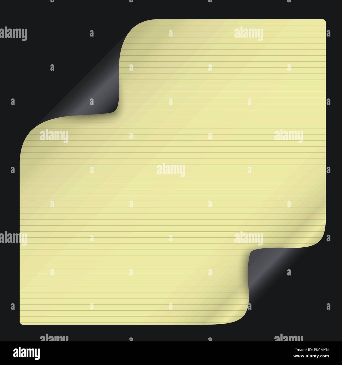 Yellow, black note notebook paper with curled corners for text or ...