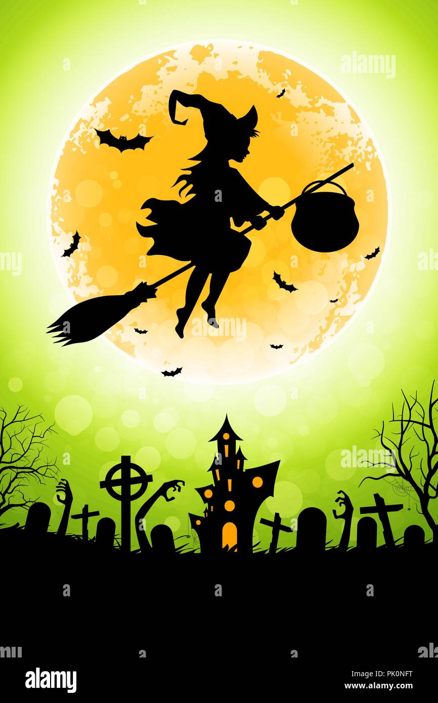 Halloween Funny Background with Witch and Haunted House Stock Vector ...