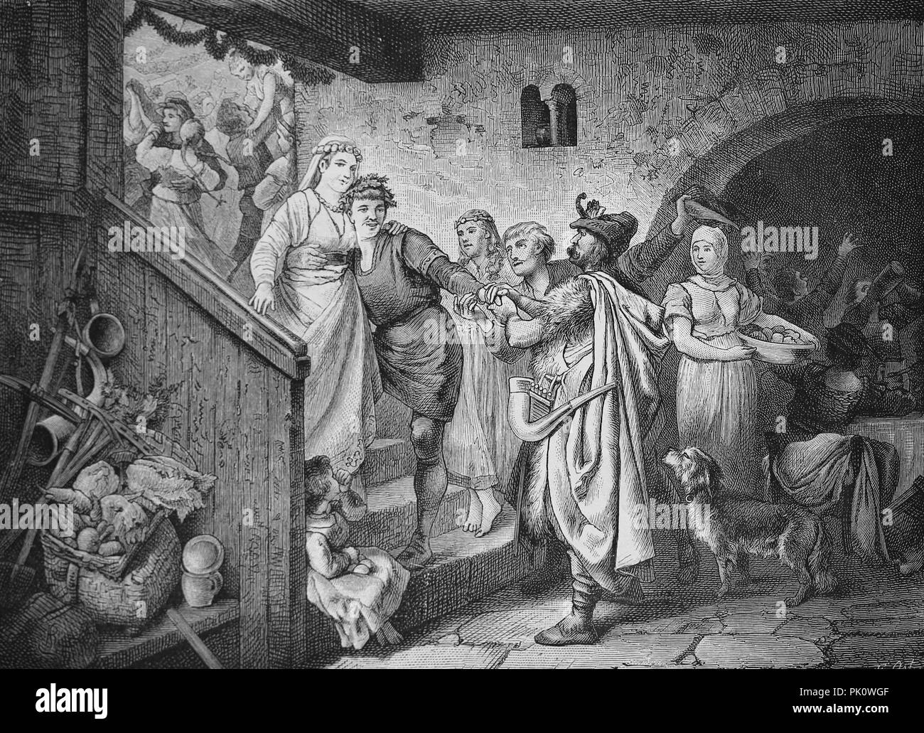 Germany. Middle Ages. Bridal party of villagers. Engraving of Germania ...