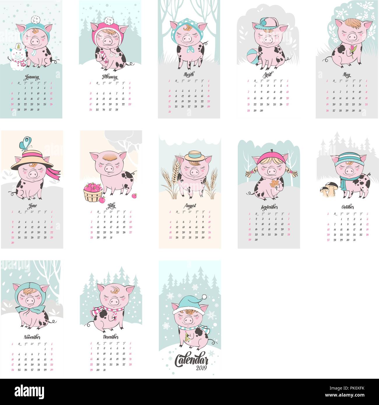 Set of cute pig cartoon characters. Chinese symbol of the 2019 year ...