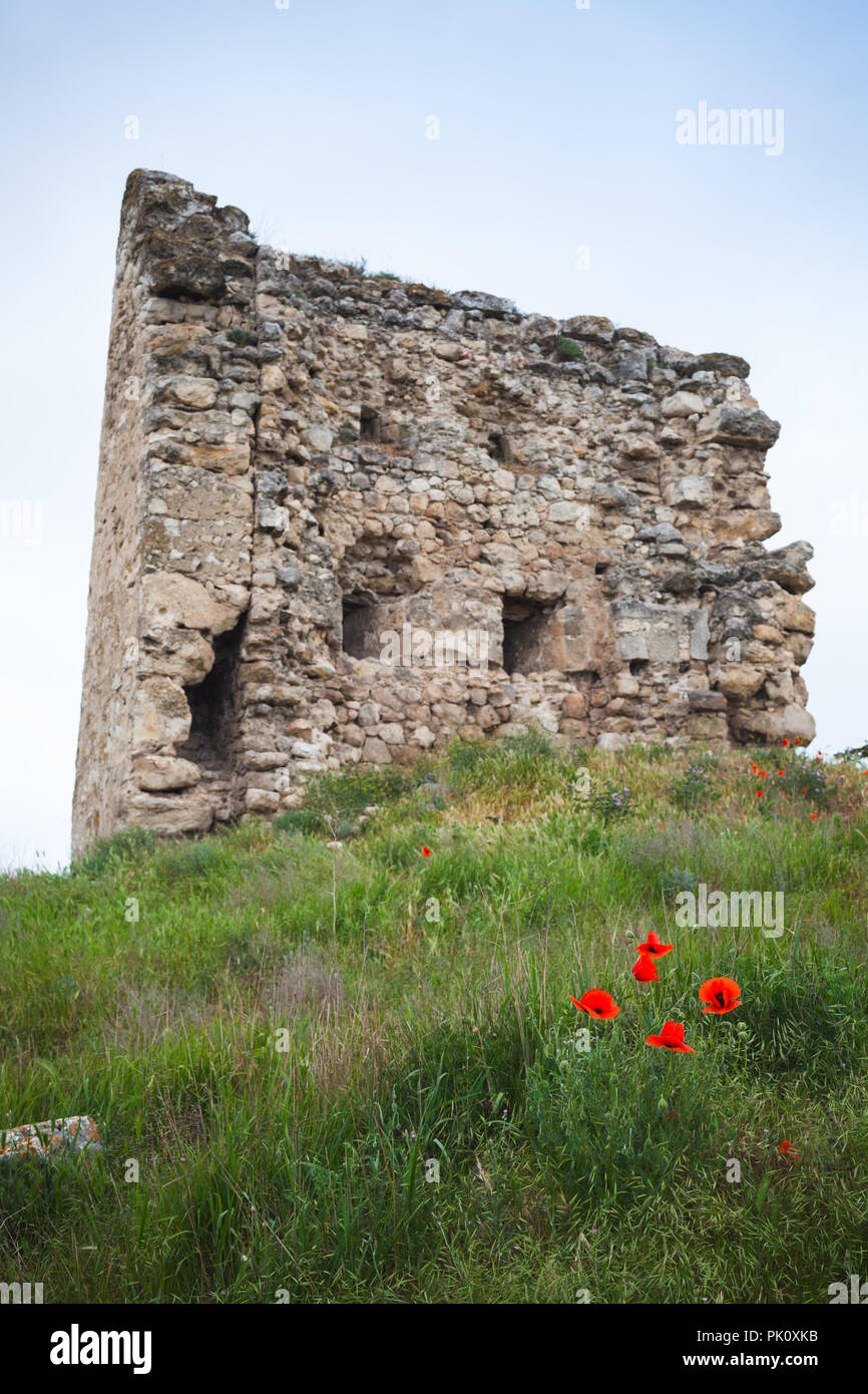 Ruined tower of ancient fortress Calamita in Inkerman, Crimea Stock ...