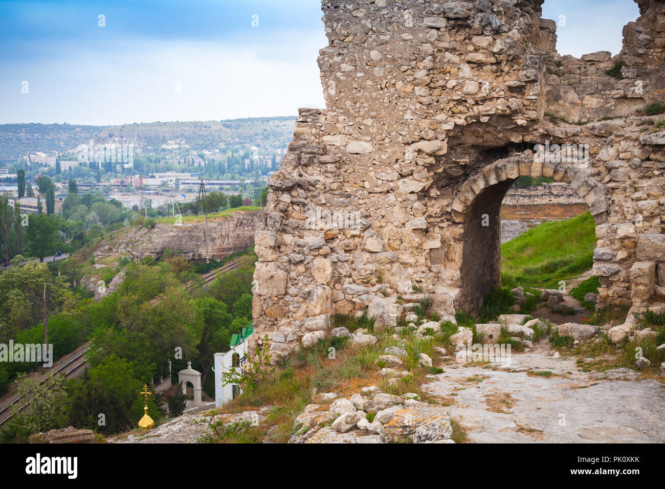 Ruined entrance of ancient fortress Calamita in Inkerman, Crimea Stock ...