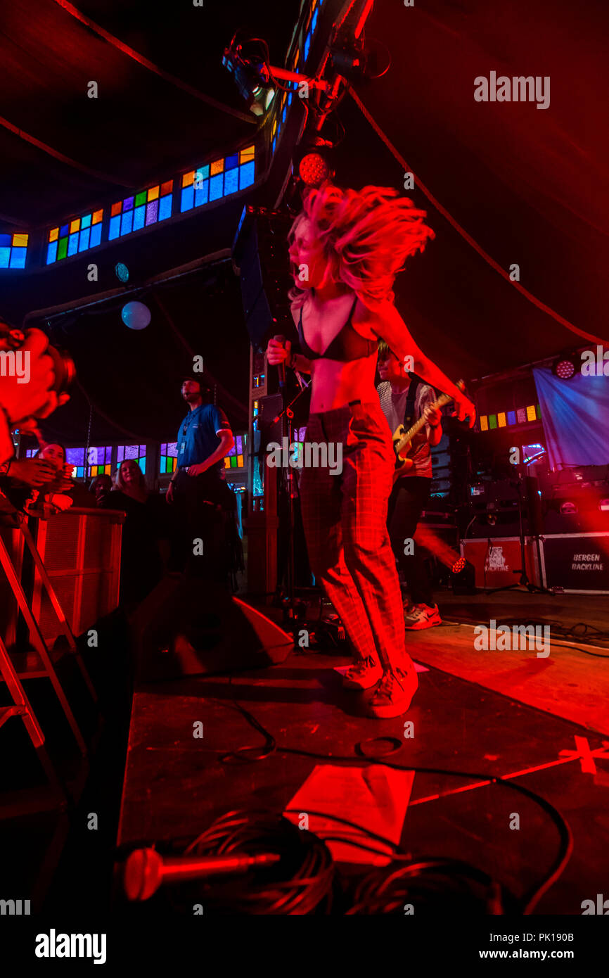 Norway, Bergen - June 16, 2018. The Norwegian pop-rock band Sløtface ...