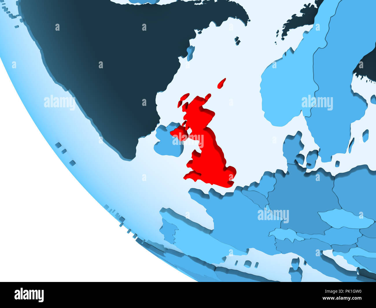 United Kingdom highlighted in red on blue political globe with ...