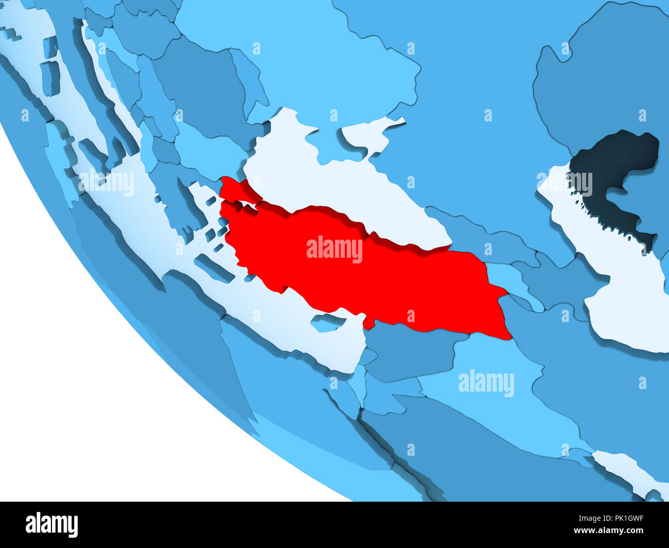 Turkey highlighted in red on blue political globe with transparent ...