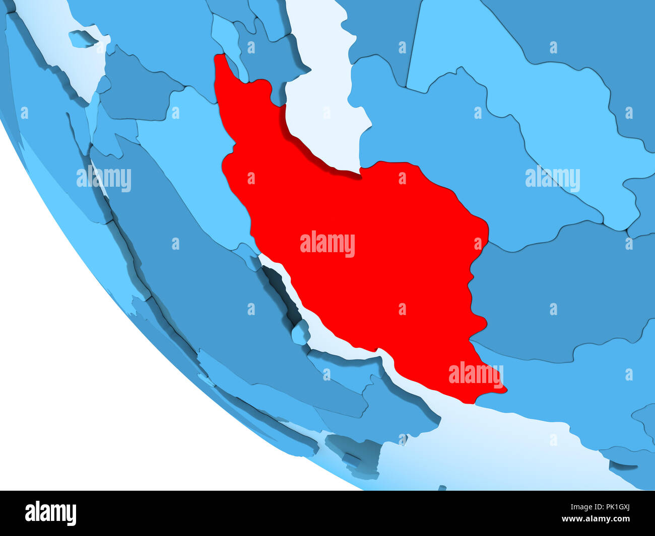 Iran highlighted in red on blue political globe with transparent oceans ...