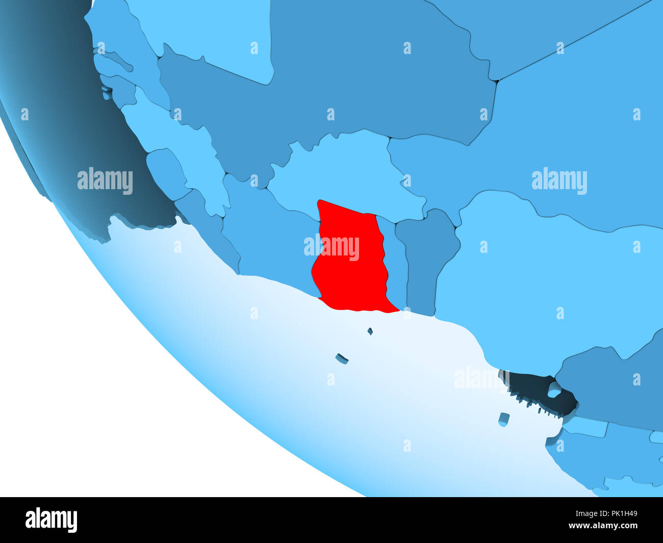 Ghana highlighted in red on blue political globe with transparent ...
