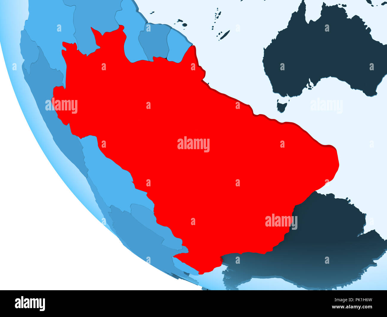 Brazil highlighted in red on blue political globe with transparent ...