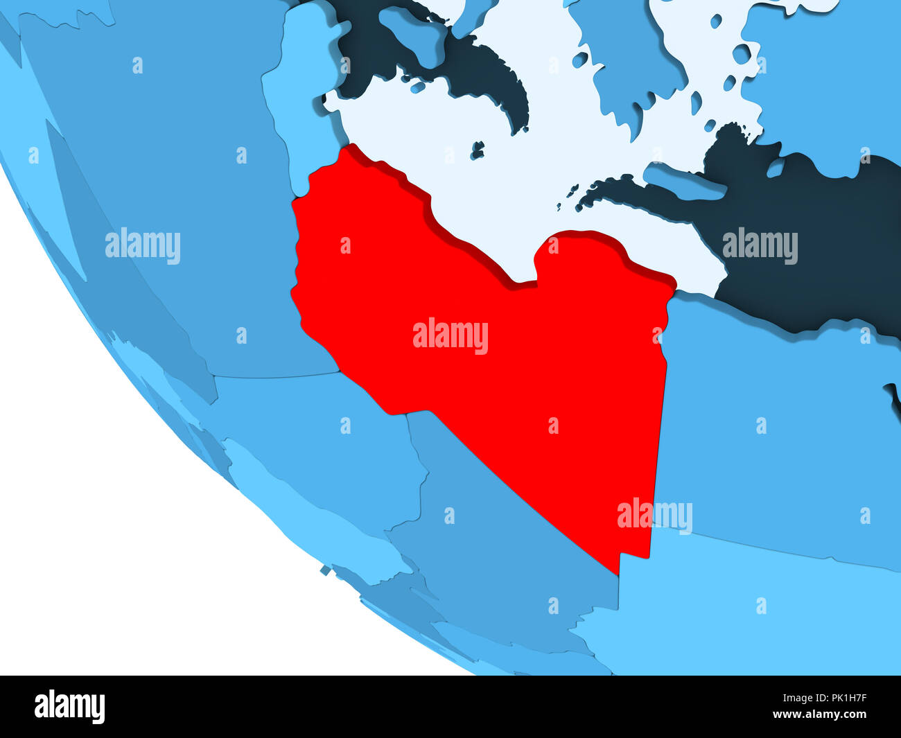 Libya highlighted in red on blue political globe with transparent ...
