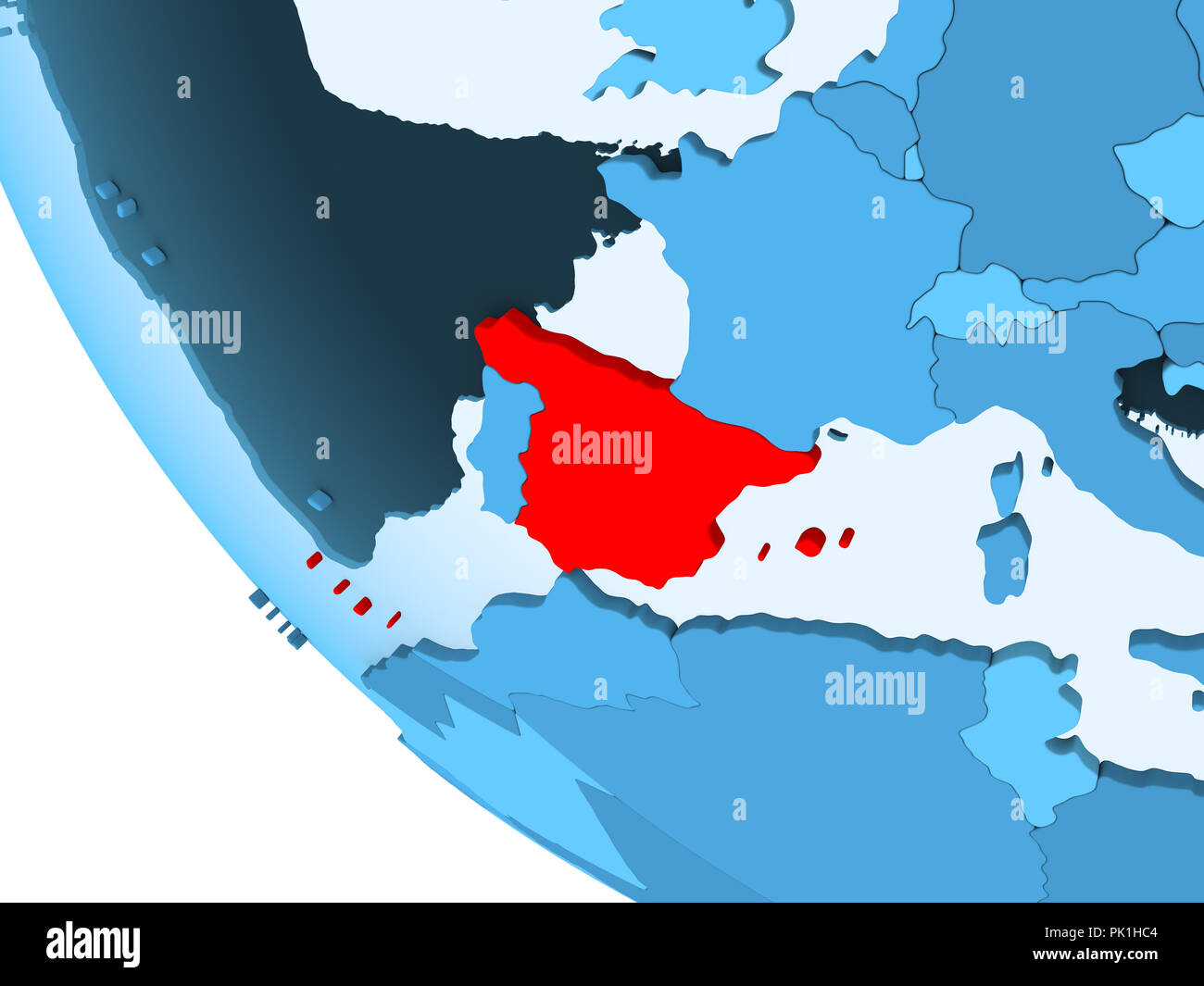 Spain highlighted in red on blue political globe with transparent ...