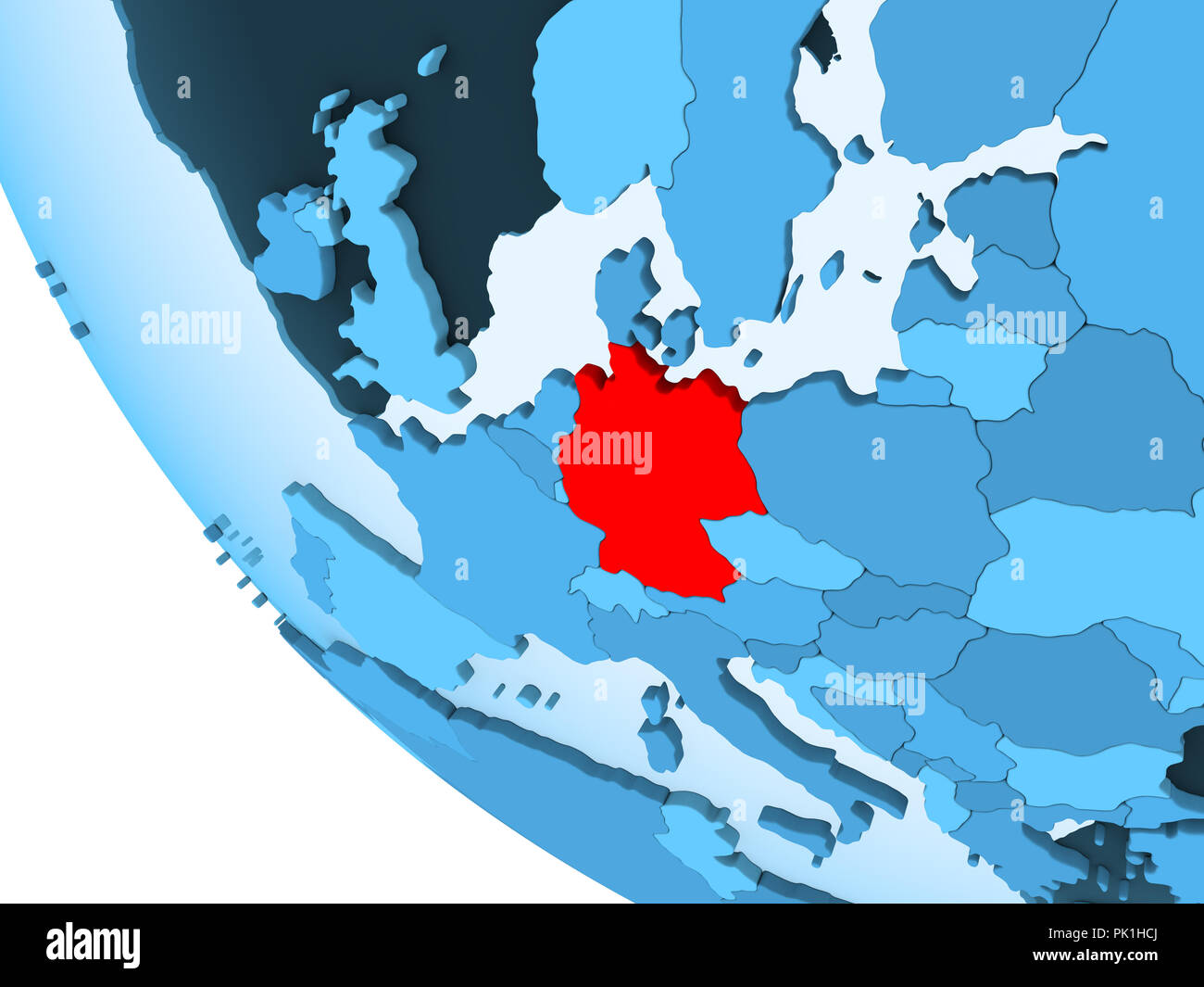 Germany highlighted in red on blue political globe with transparent ...