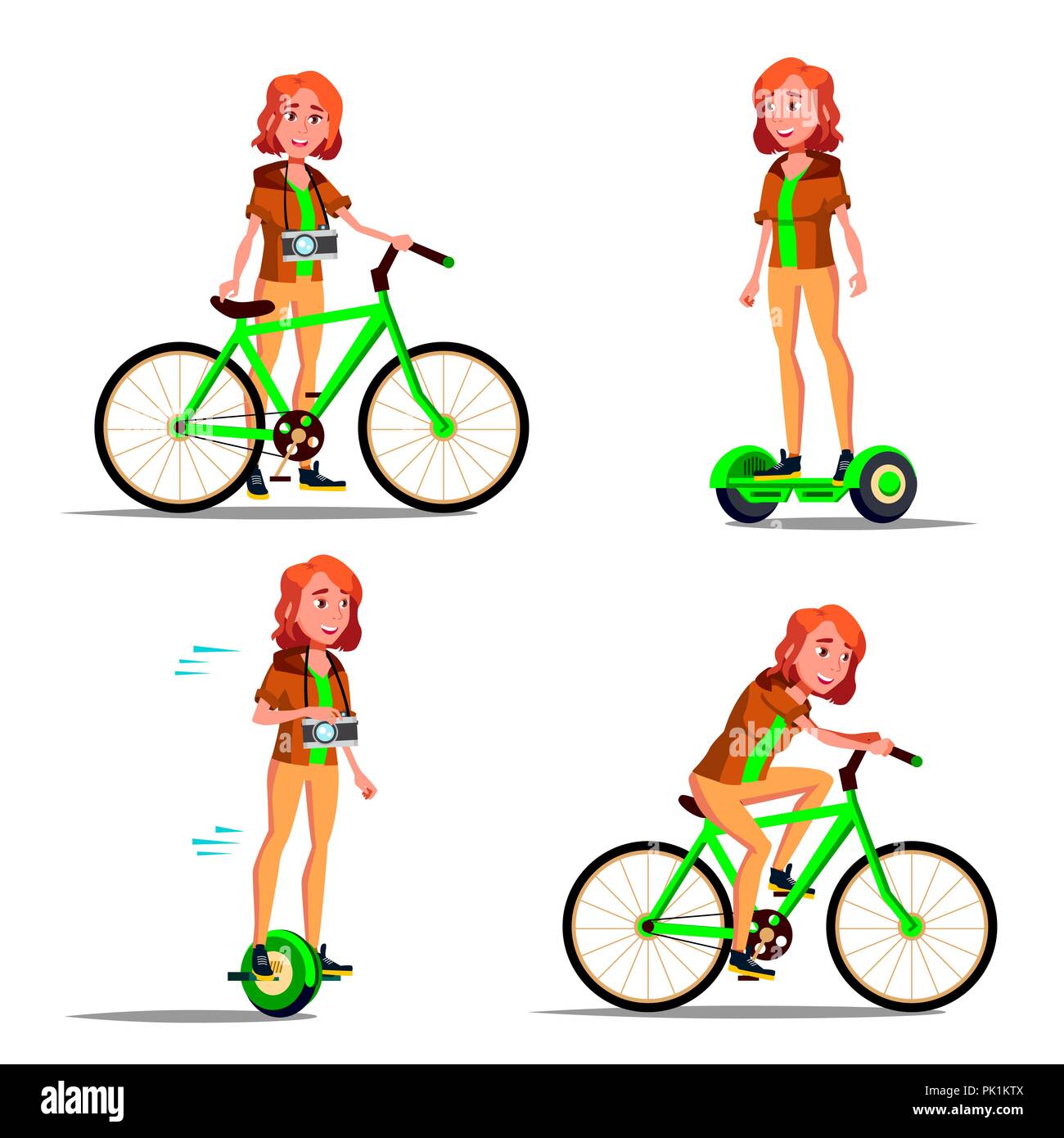 Teen Girl Riding Hoverboard, Bicycle Vector. City Outdoor Sport ...