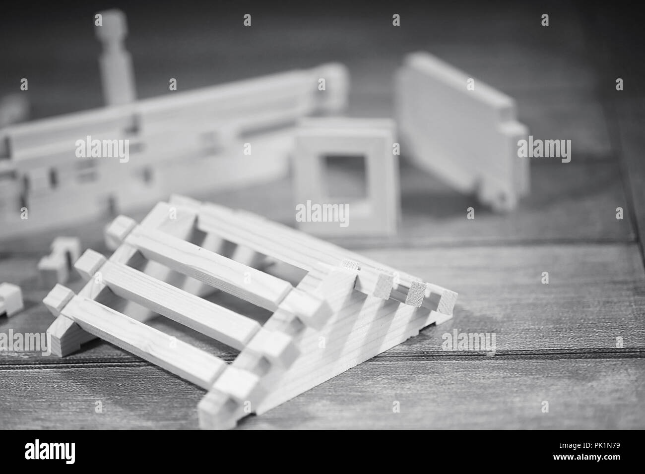 Toy wooden house. The constructor is made of natural wood for ch Stock ...