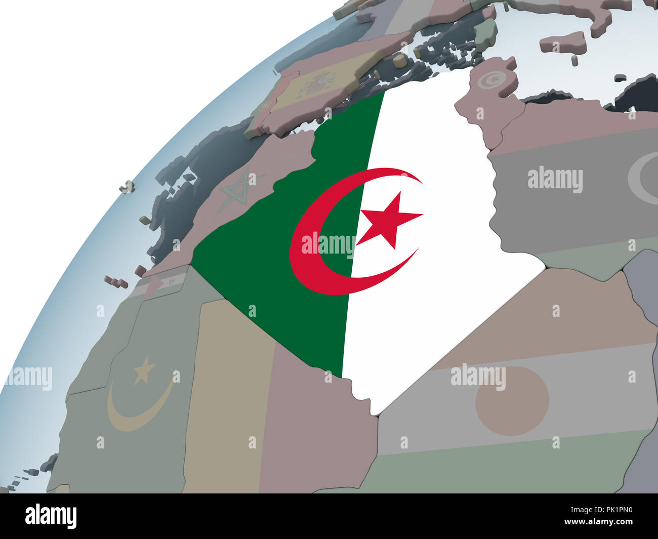 Algeria on political globe with embedded flag. 3D illustration Stock ...