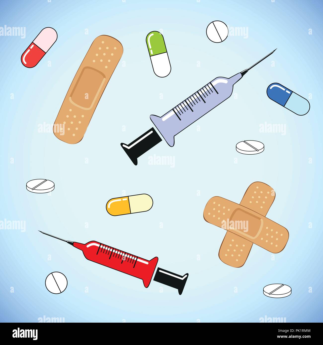 Set of pills injection syringe and patch medical background vector ...