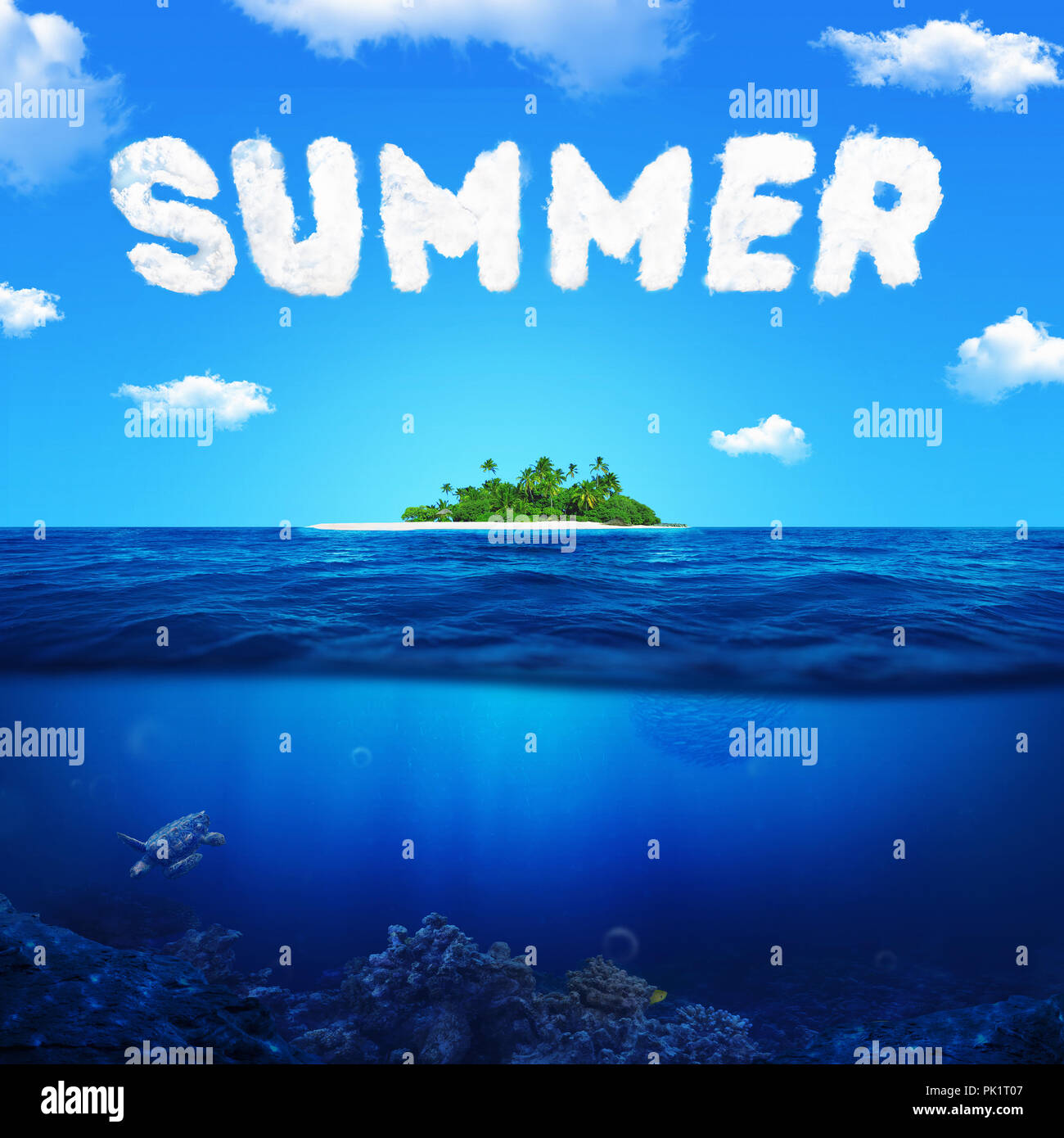 Summer a cloud massage on sky. Island with palm trees in the ocean ...