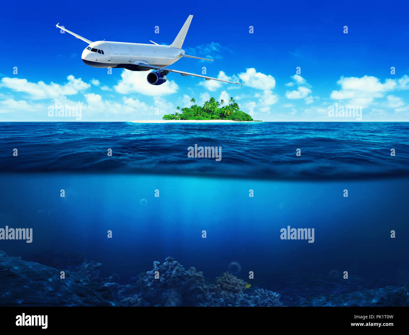 Airplane flying above tropical sea with island. Underwater view Stock ...