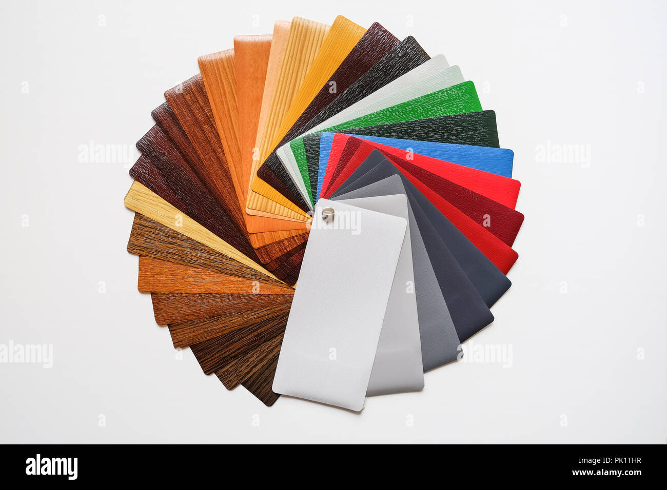 Samples of the colored lamination. Color palette on the table close-up ...