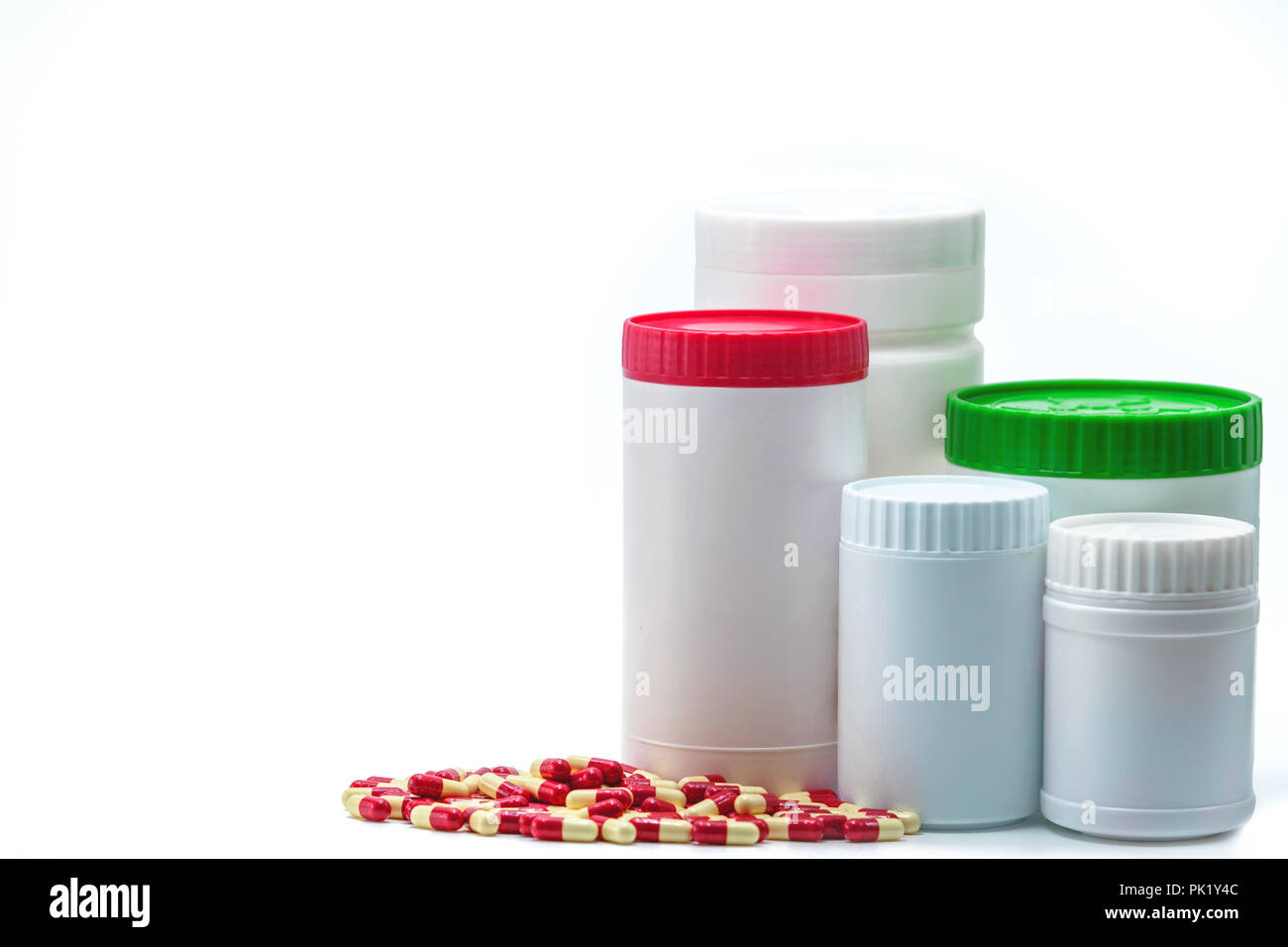 Antibiotic capsule pills with blank label plastic bottle container ...