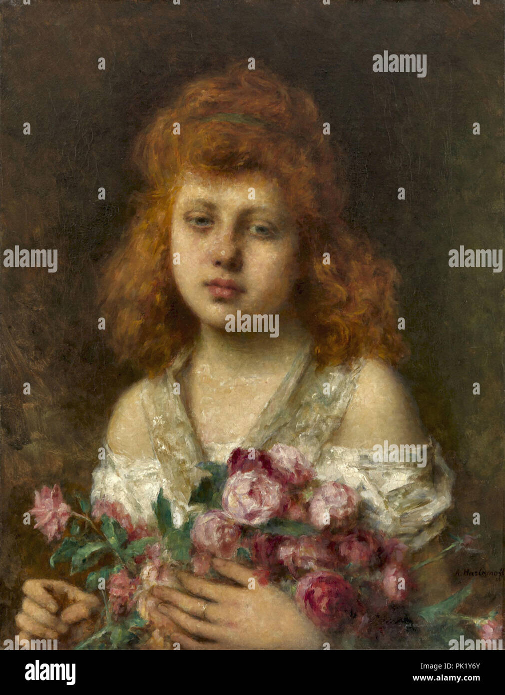 Harlamoff Alexei Alexeivich - Auburn-Haired Beauty Holding Red Roses ...