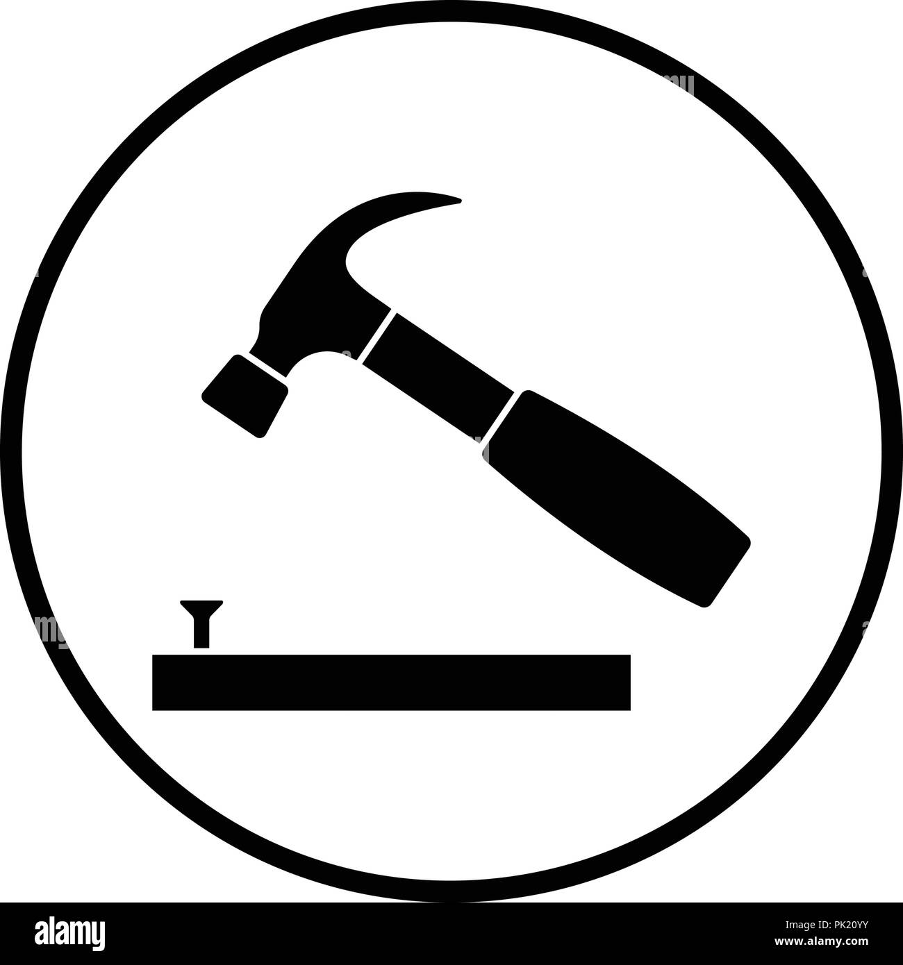 Icon of hammer beat to nail. Thin circle design. Vector illustration ...