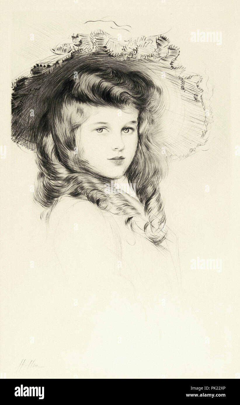 Helleu Paul - Ellen Helleu the Artist's Daughter in a Lace-Trimmed Hat ...