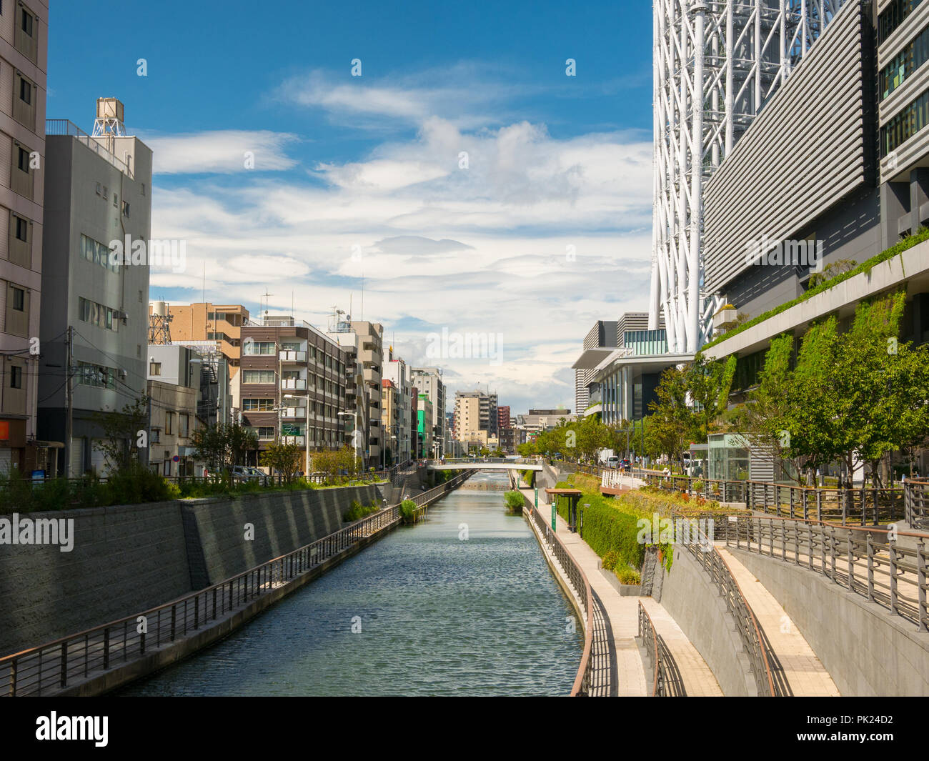 Canal with pedestrian and bicycle path, in a hot sunny day with few ...