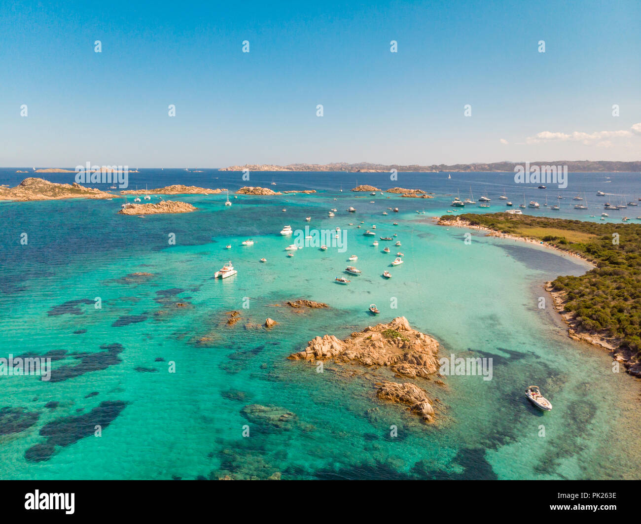 Drone aerial view of Razzoli, Santa Maria and Budelli islands in ...
