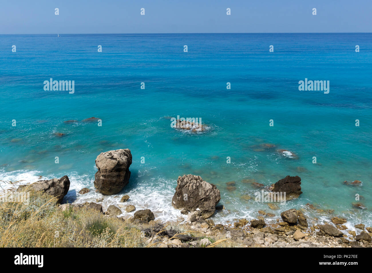 Panoramic view of Agios Nikitas Beach with blue waters, Lefkada, Ionian ...