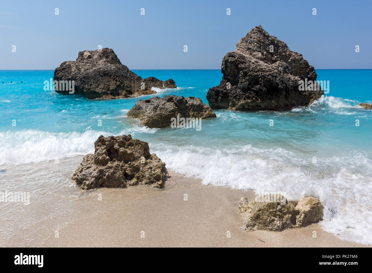 Amazing landscape of blue waters of Megali Petra Beach, Lefkada, Ionian ...